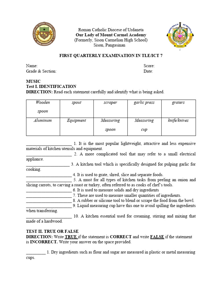 Grade 7 First Quarter Exam | PDF | Tablespoon | Shortening