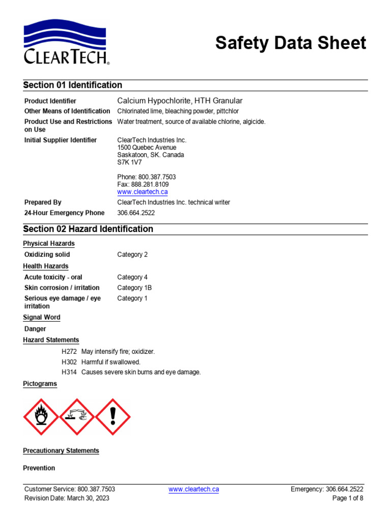 Calcium Hypochlorite, HTH Granular CTI SDS Mar 30, 23 by ClearTech | PDF