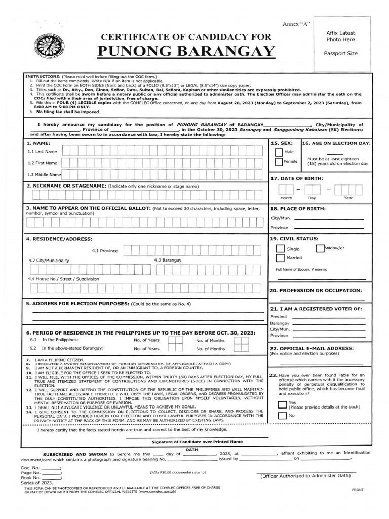 Coc For Punong Barangay | PDF