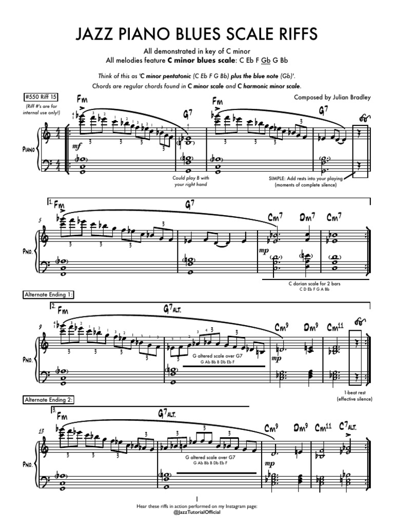 Blues Scale Piano Riffs + Commentary - by Julian Bradley | PDF | Chord ...
