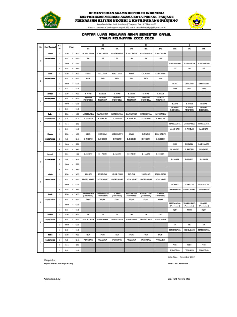 Daftar Ujian Pas SM Ganjil 2022-2023 | PDF