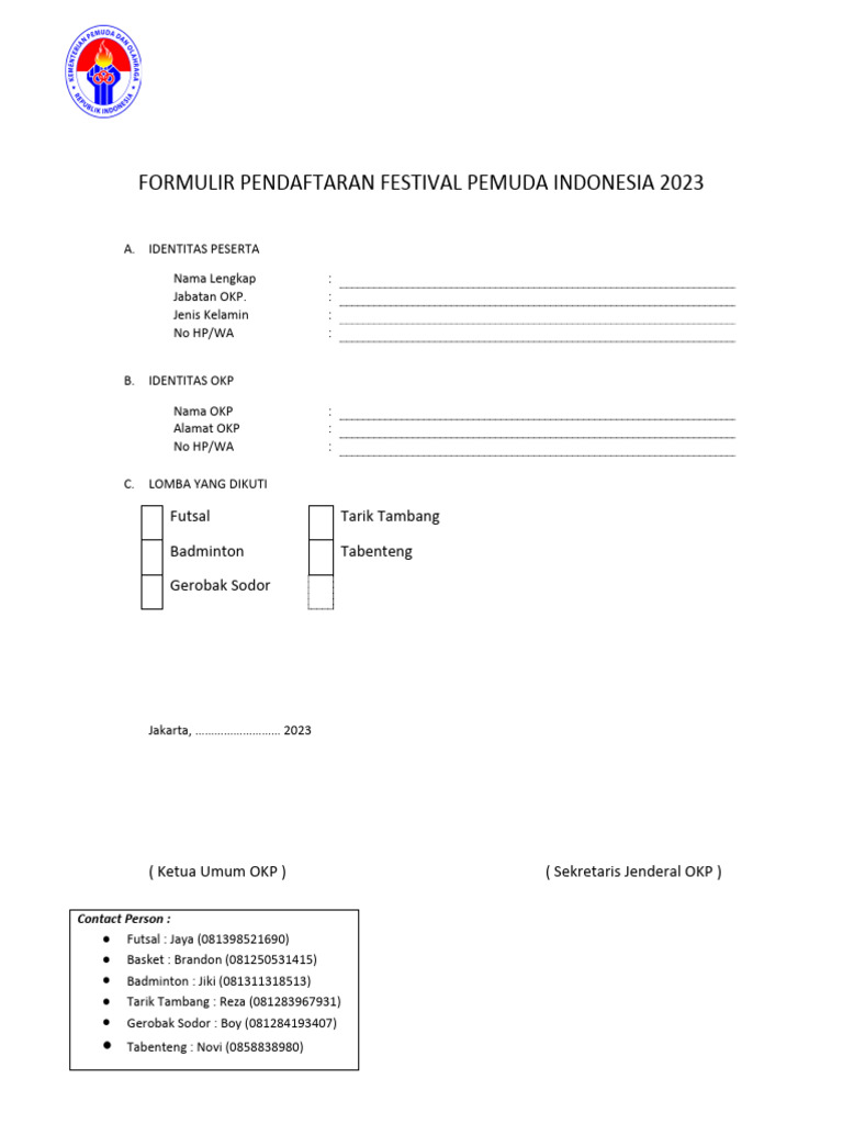 Formulir Pendaftaran Festival Pemuda Indonesia 2023-1 PDF | PDF Formulir Pendaftaran Festival Pemuda Indonesia 2023-1 PDF | PDF