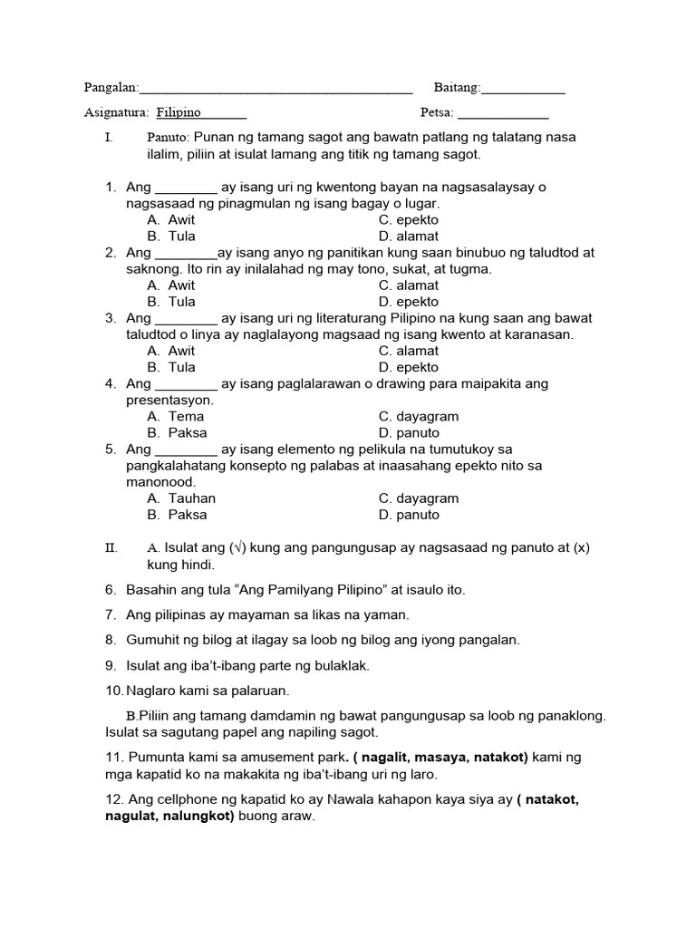 Filipino 4 Exam | PDF