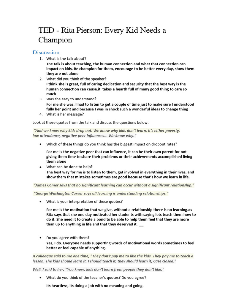 Worksheet of The Ted Talk Every Kid Needs A Champi - 111262 | Download ...