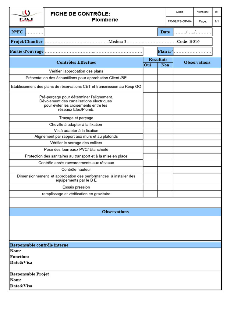 Fiche de contrôle plomberie Medina 3 | PDF