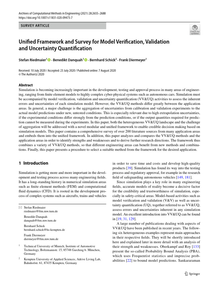 Unifed Framework and Survey For Model Verifcation, Validation and Uncertainty Quantifcation ...