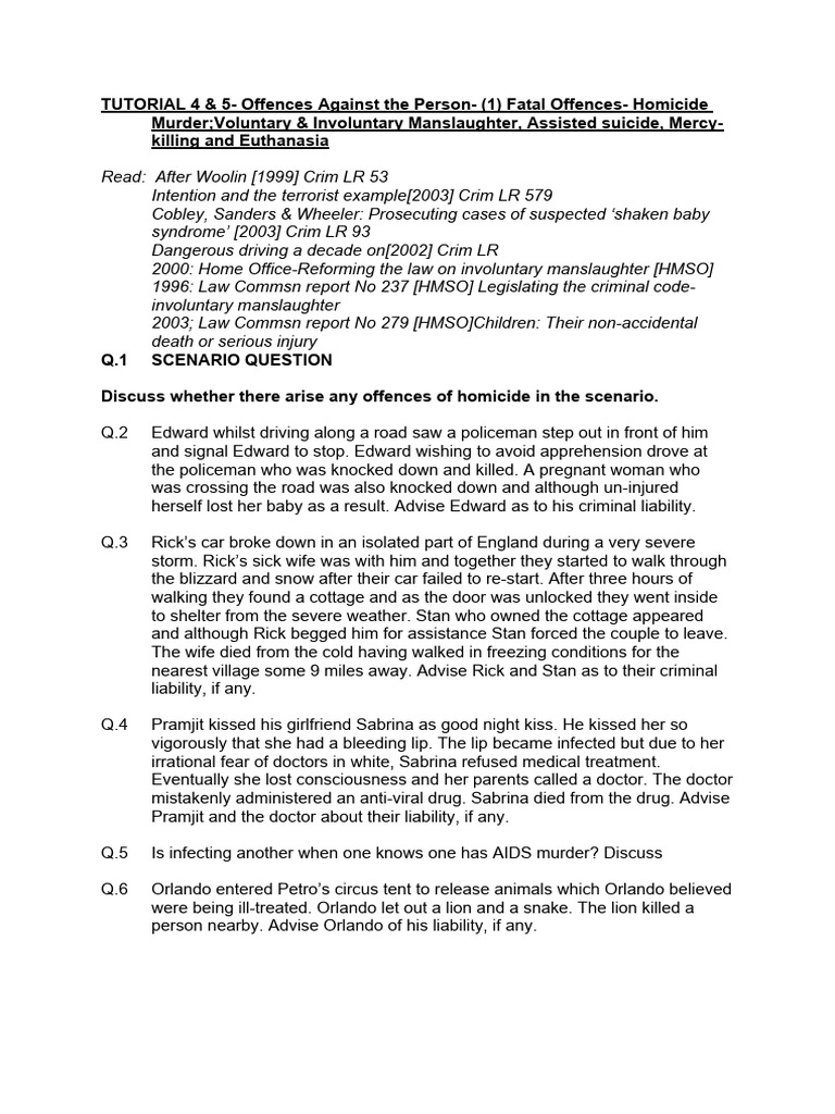 TUTORIAL 4 & 5 - Fatal Offences-Homicide Offences | PDF | Manslaughter ...