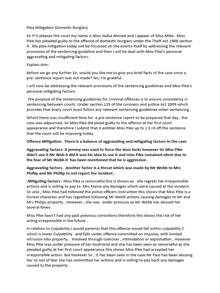 Plea Mitigation Domestic Burglary | PDF | Sentence (Law) | Plea