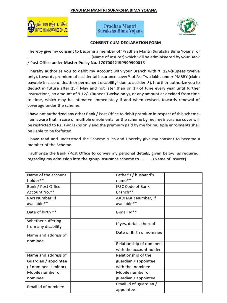 PMSBY Consent-Cum-Declaration Form | PDF | Financial Services | Government