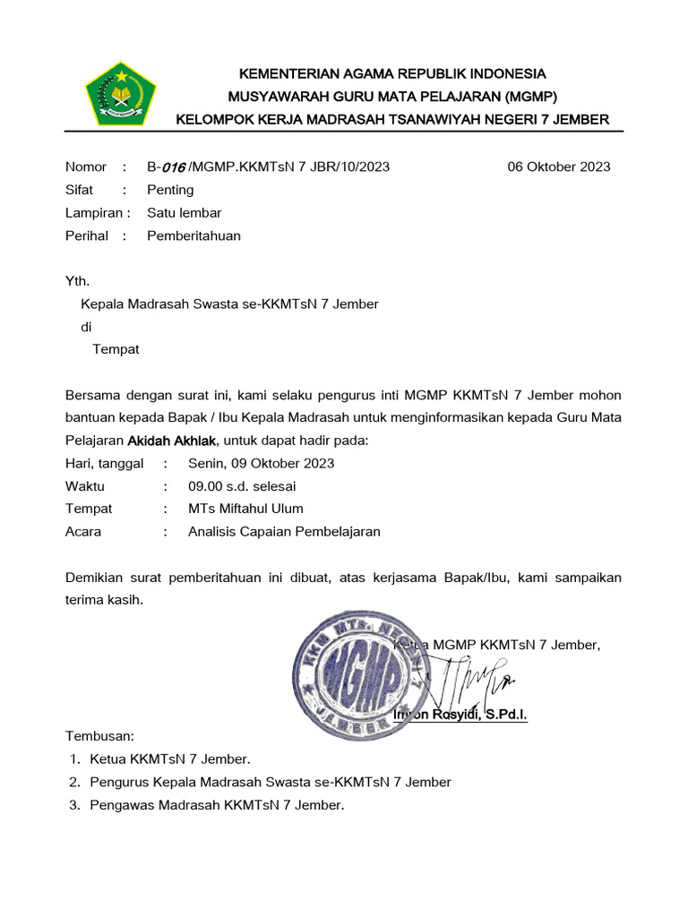 Contoh Surat Undangan Petemuan MGMP - Akidah Akhlak - KKMTSN 7 Jember | PDF