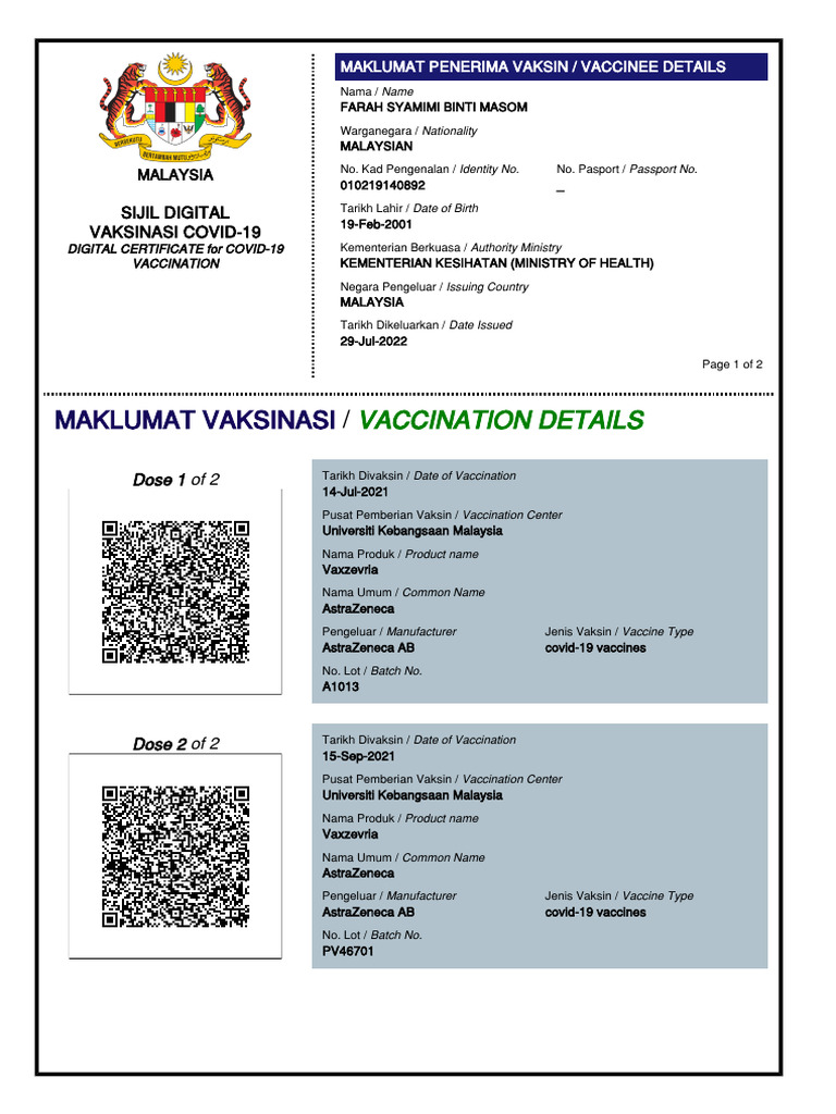 Salinan Sijil Digital Vaksinasi Covid-19 - Farah Syamimi | PDF ... Salinan Sijil Digital Vaksinasi Covid-19 - Farah Syamimi | PDF ...