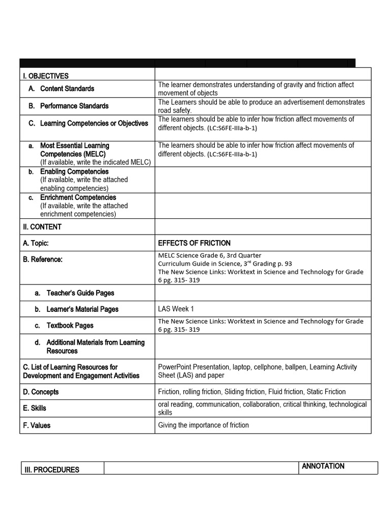 3rd Quarter Science 6 Friction Lesson Exemplar Pdf Friction Learning