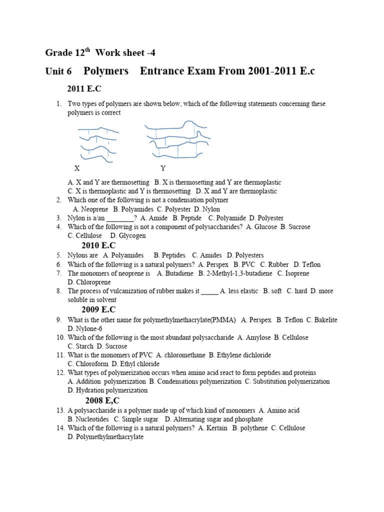 Grade 12 Work Sheet 4 | PDF | Polymers | Monomer
