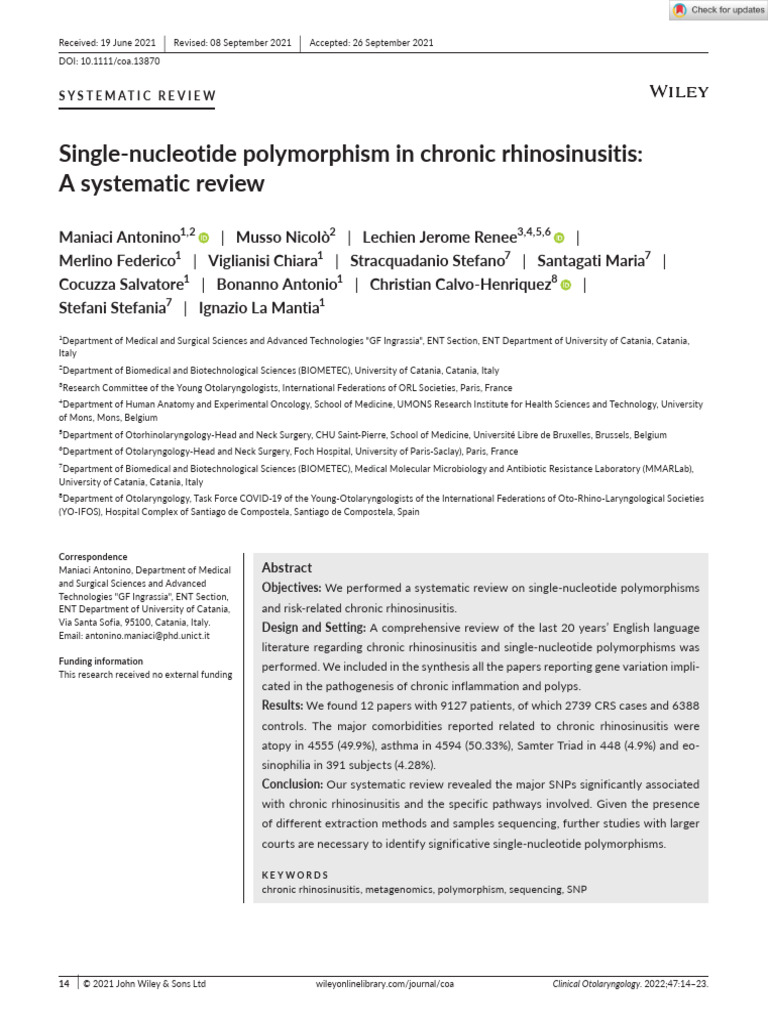 2021 - Antonino - Single Nucleotide Polymorphism in Chronic Rhinosinusitis | Download Free PDF ...