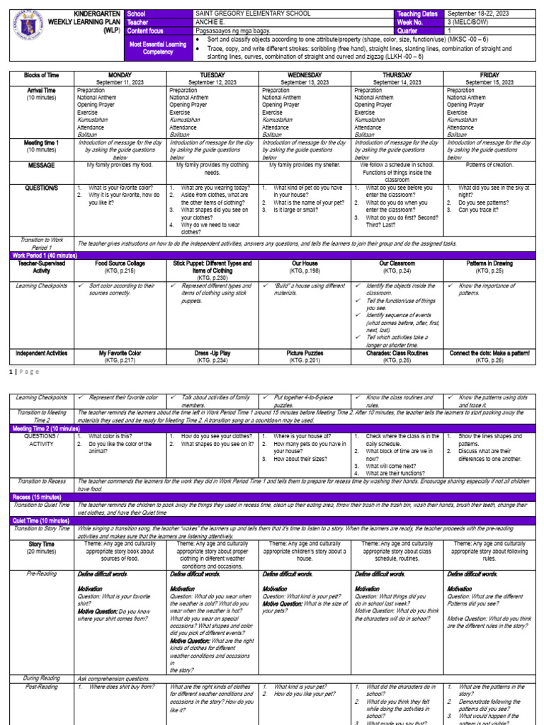 WLP Kindergarten Week 3 | PDF | Learning | Teachers