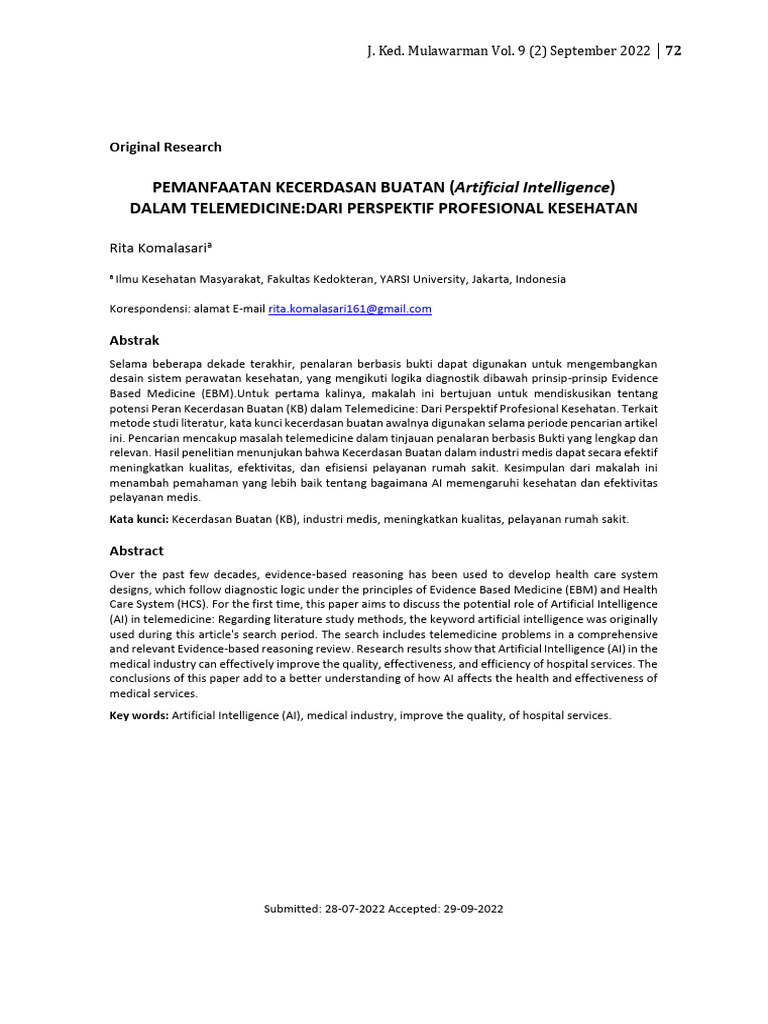 PEMANFAATAN KECERDASAN BUATAN (Artificial Intelligence) DALAM TELEMEDICINE:DARI PERSPEKTIF ...