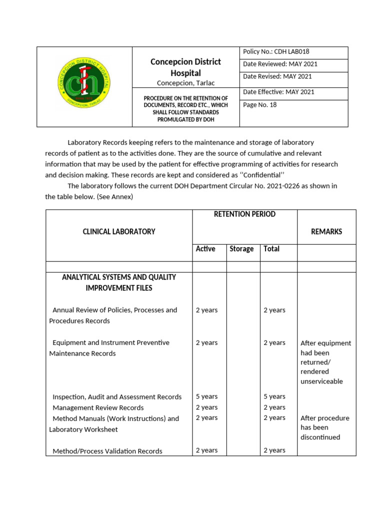 Documented Procedure For The Retention of Records Which Follows Standards Promulgated by The DOH ...