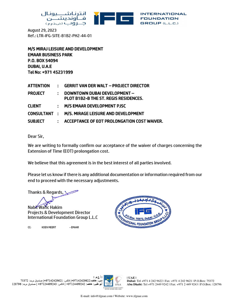 Ltr-Ifg-Site-B1b2-Ph2-44-01 Acceptance of Eot Prolongation Cost Waiver ...