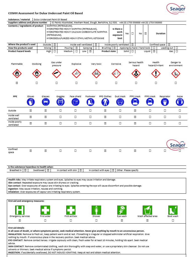 COSHH Assessment Dulux Undercoat Oil Based | PDF | First Aid | Fires