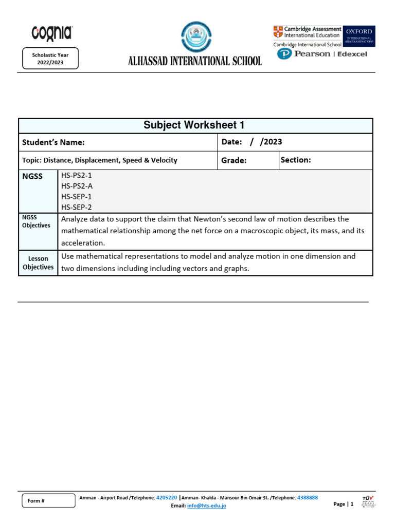 WS1 Distance, Displacement, Speed & Velocity | PDF | Velocity | Speed