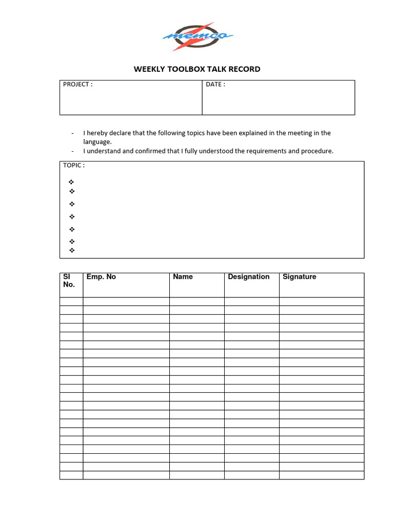 Weekly Toolbox Talk Record Template | PDF | Art