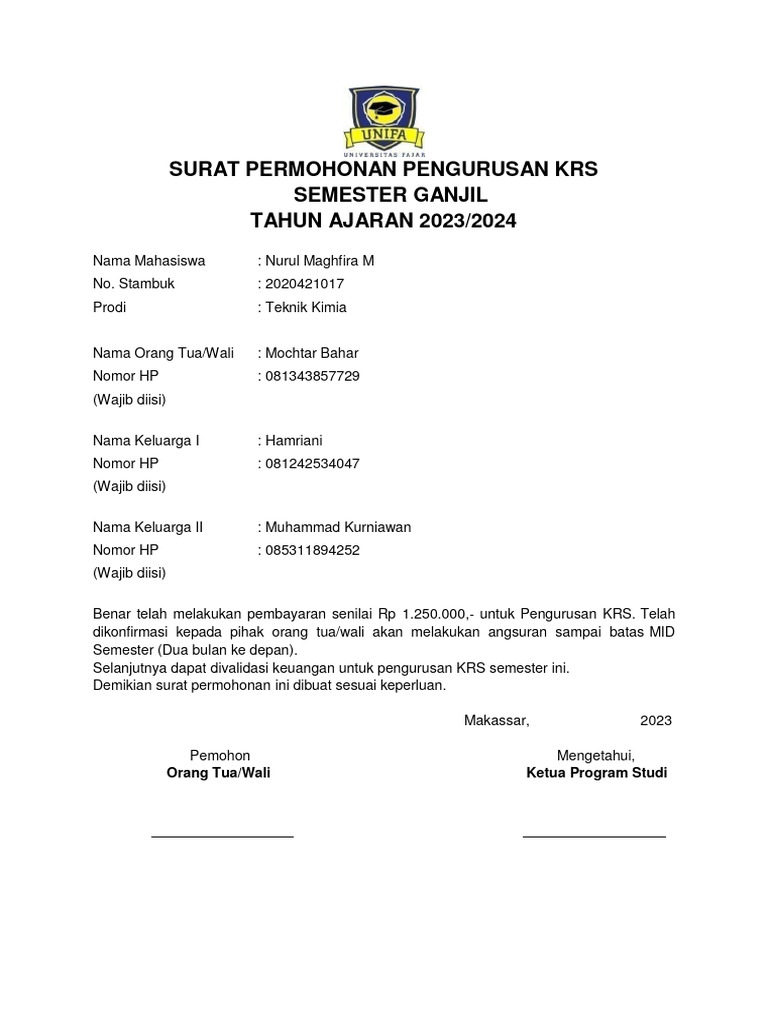 SURAT PERMOHONAN PENGURUSAN KRS Ganjil 2023 | PDF
