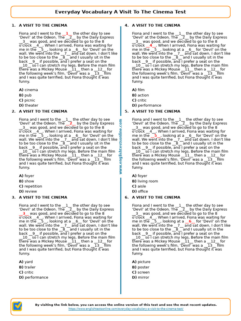 203 - Everyday Vocabulary A Visit To The Cinema Test | PDF | Movie Theater