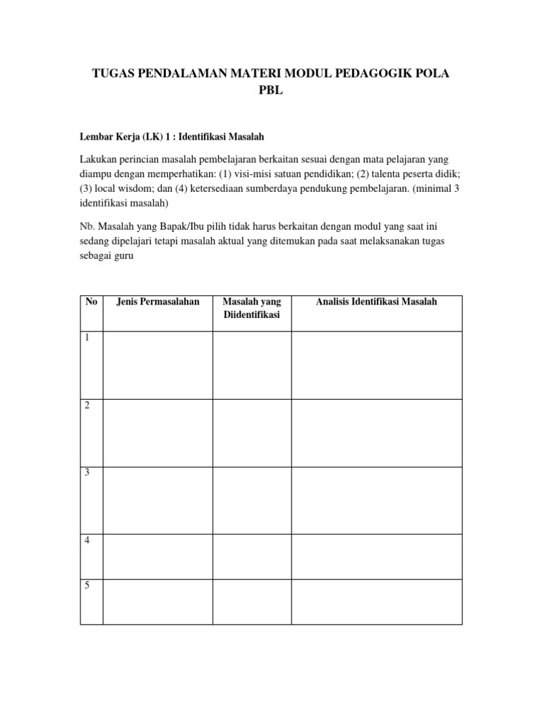 Tugas Pendalaman Materi Modul Pedagogik Pola PBL: Lembar Kerja (LK) 1 ...