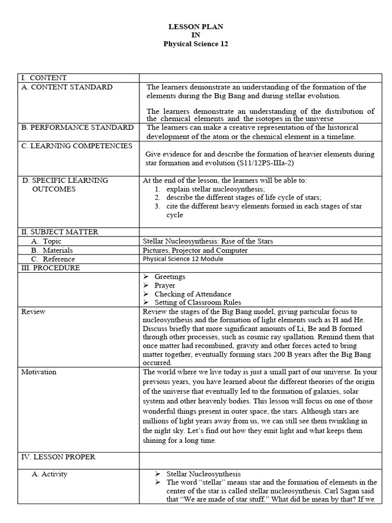 Lesson Plan in Physical Science Stellar | PDF | Stars | Physical Sciences
