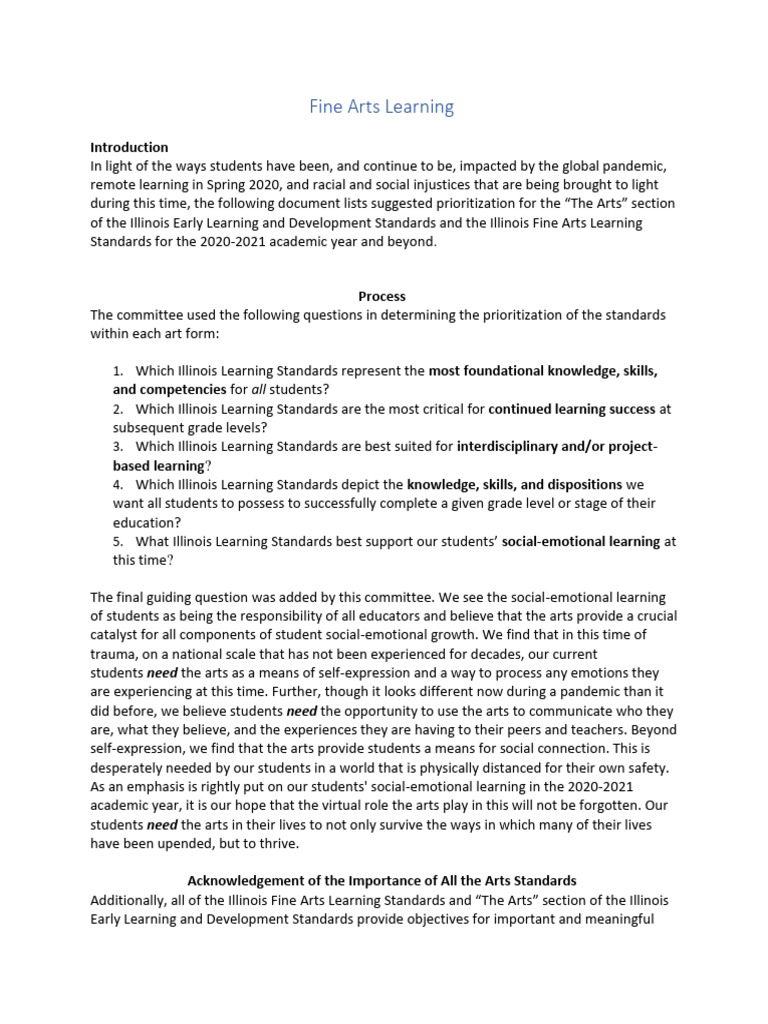 Illinois Priority Learning Standards 2020 21 Fine Arts Learning | PDF ...