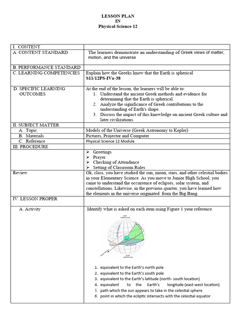 Lesson Plan in Physical Science Spherical Earth | PDF