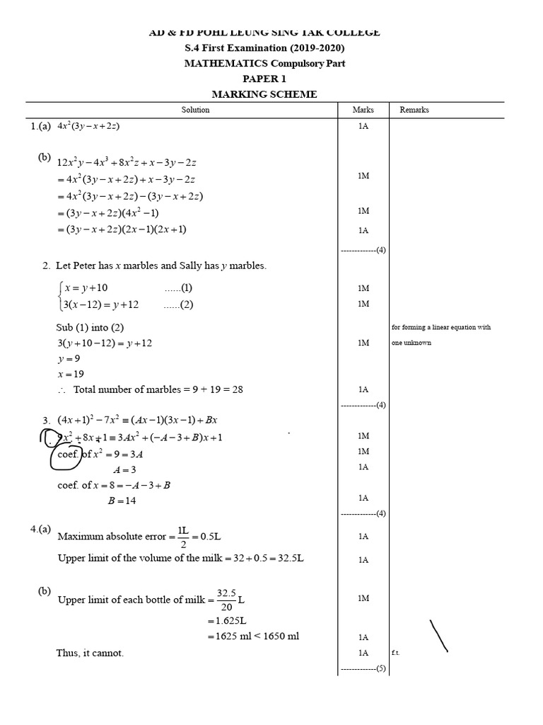 1920 1 Exam S4 Math Paper 1 Marking | Download Free PDF | Mathematics | Mathematical Objects