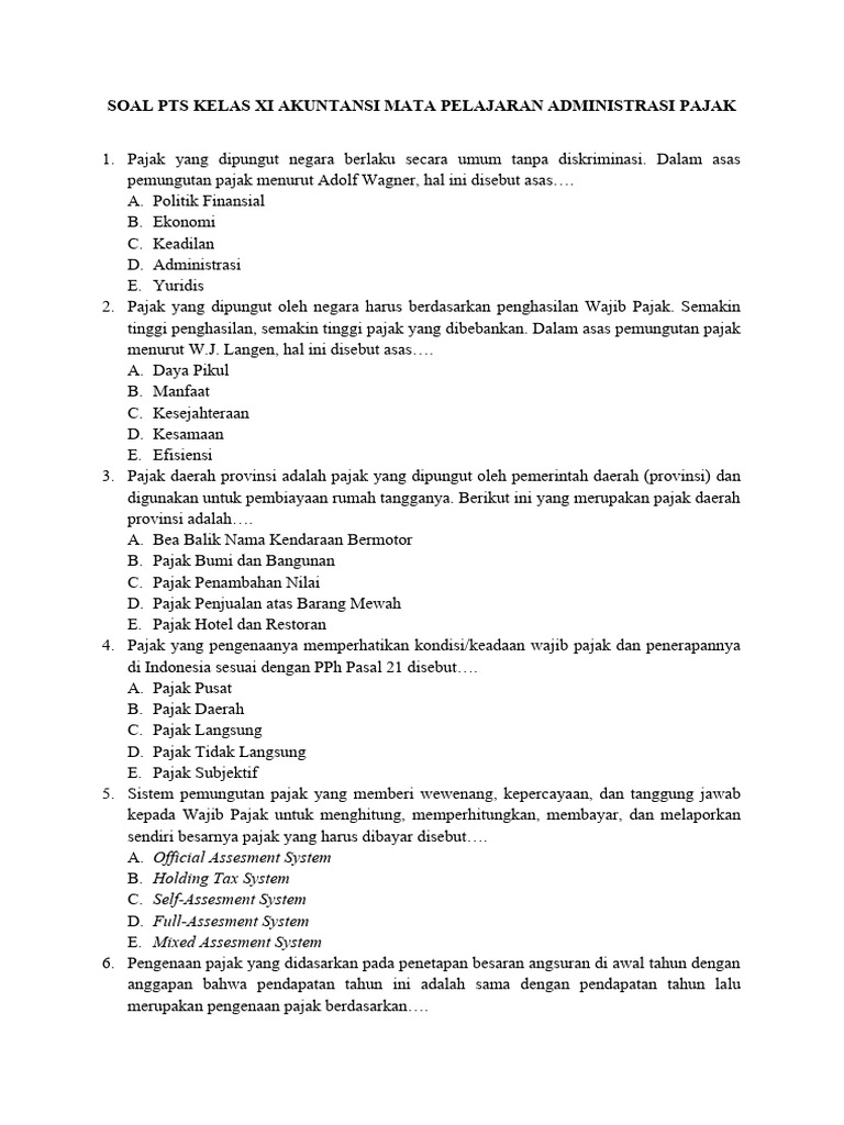 Soal PTS Kelas Xi Akuntansi Mata Pelajaran Administrasi Pajak | PDF | Bisnis | Pengelolaan ...