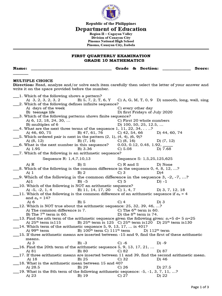 MATH 10 Test Questions SY 2022-2023 | PDF | Multiplication ...