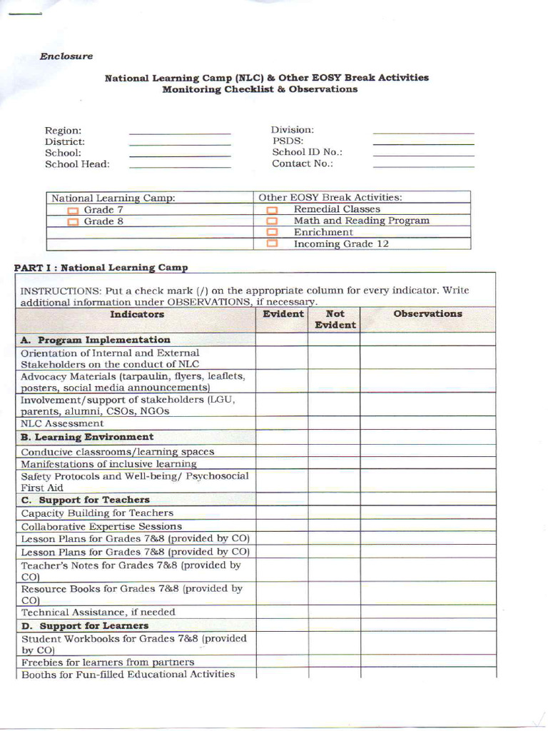 NLC and Other Eosy Monitoring Checklist | PDF