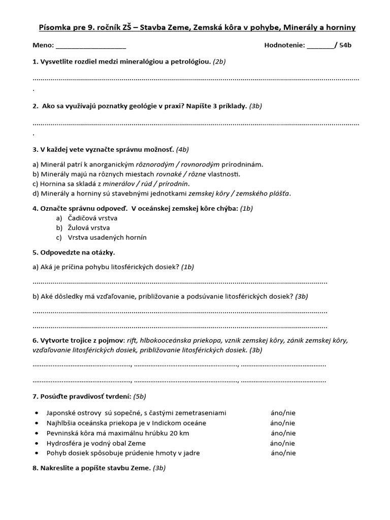 Písomka - Stavba Zeme, Zemská Kôra V Pohybe, Minerály A Horniny | PDF