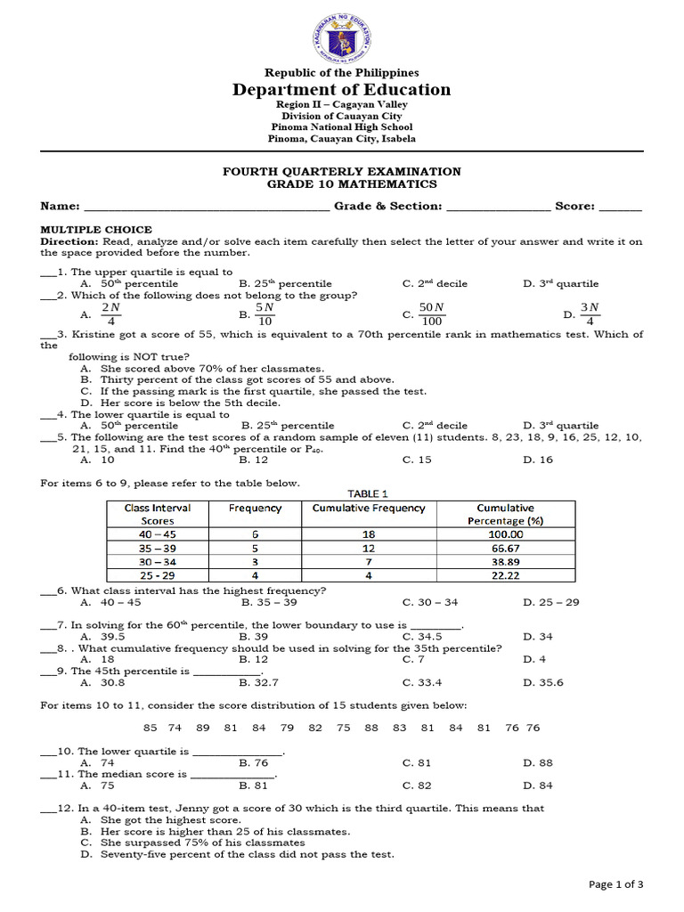 MATH 10 Test Questions SY 2022-2023 QIII | PDF | Percentile | Median