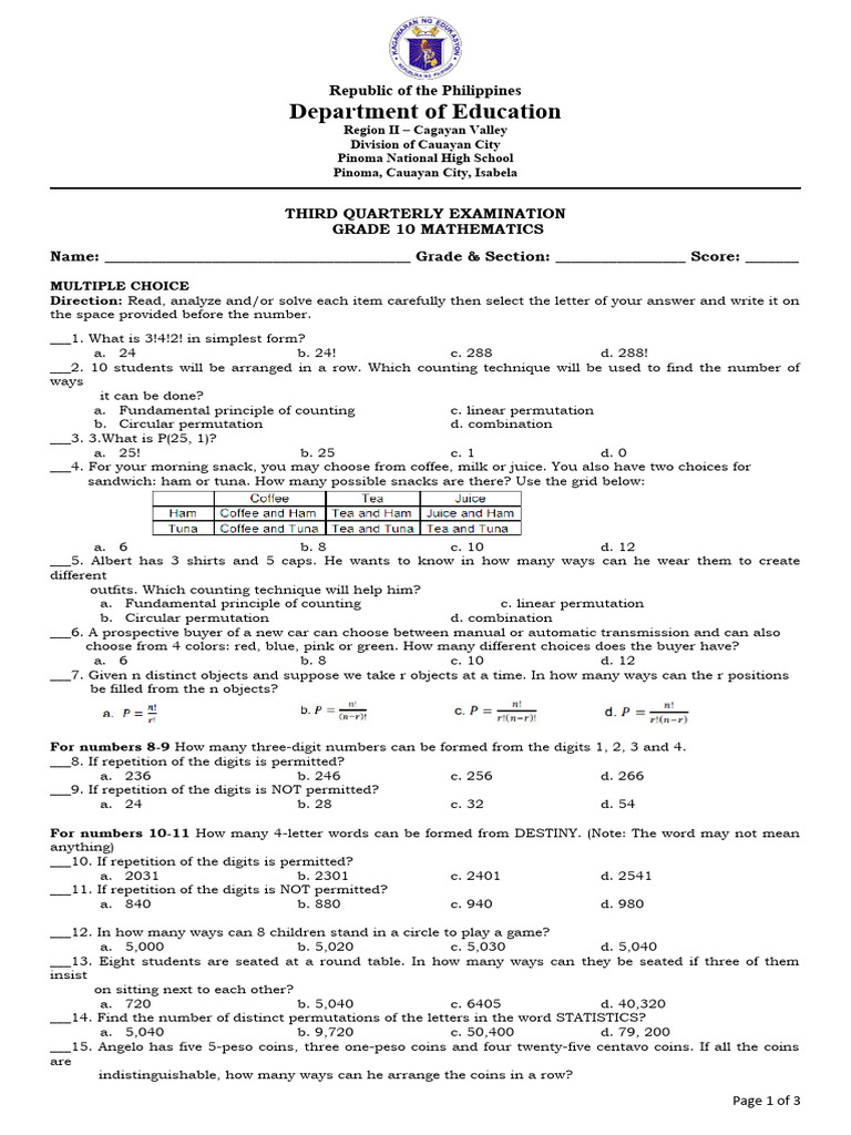 MATH 10 Test Questions SY 2022-2023 QIII | PDF | Permutation | Mathematics