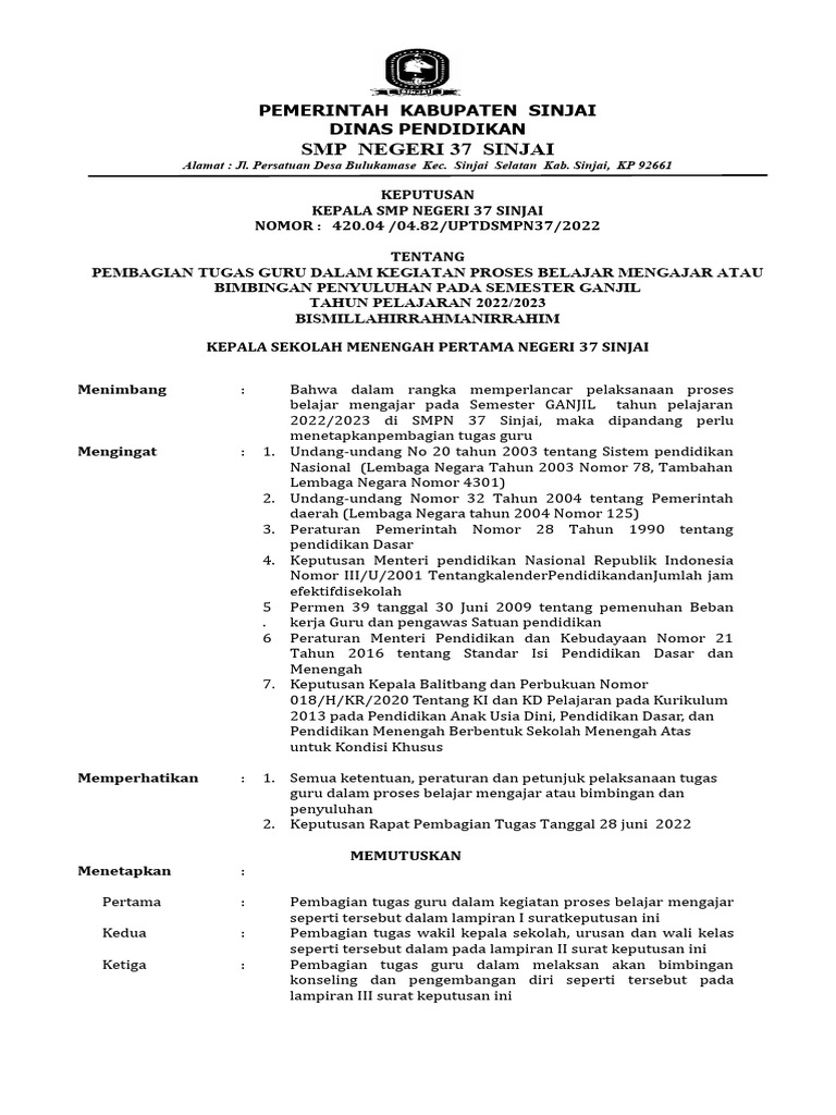 SK PEMBAGIAN TUGAS SEMESTER GANJIL 2021-2022-SMPN 37 SINJAI Valid | PDF