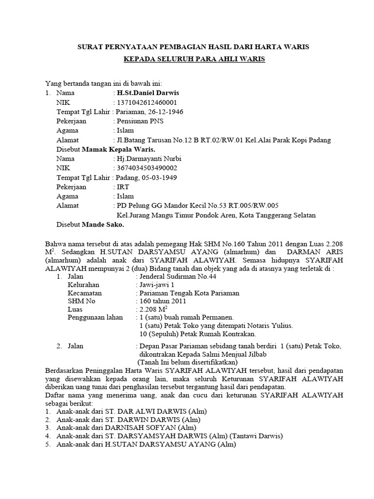 Surat Pernyataan Pembagian Hasil Dari Harta Waris Daniel Darwis | PDF
