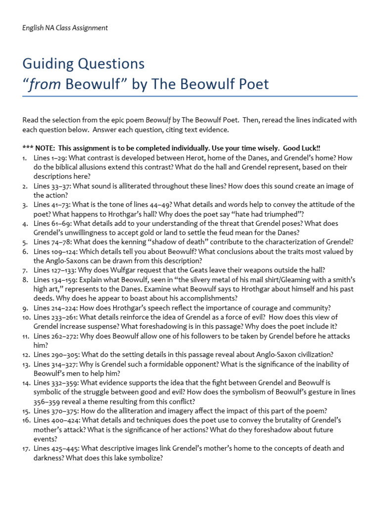 Beowulf Guide Questions | PDF