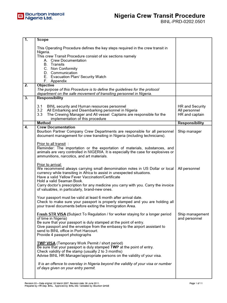 BOURBON DNT Nigeria Crew Transit Procedure | PDF