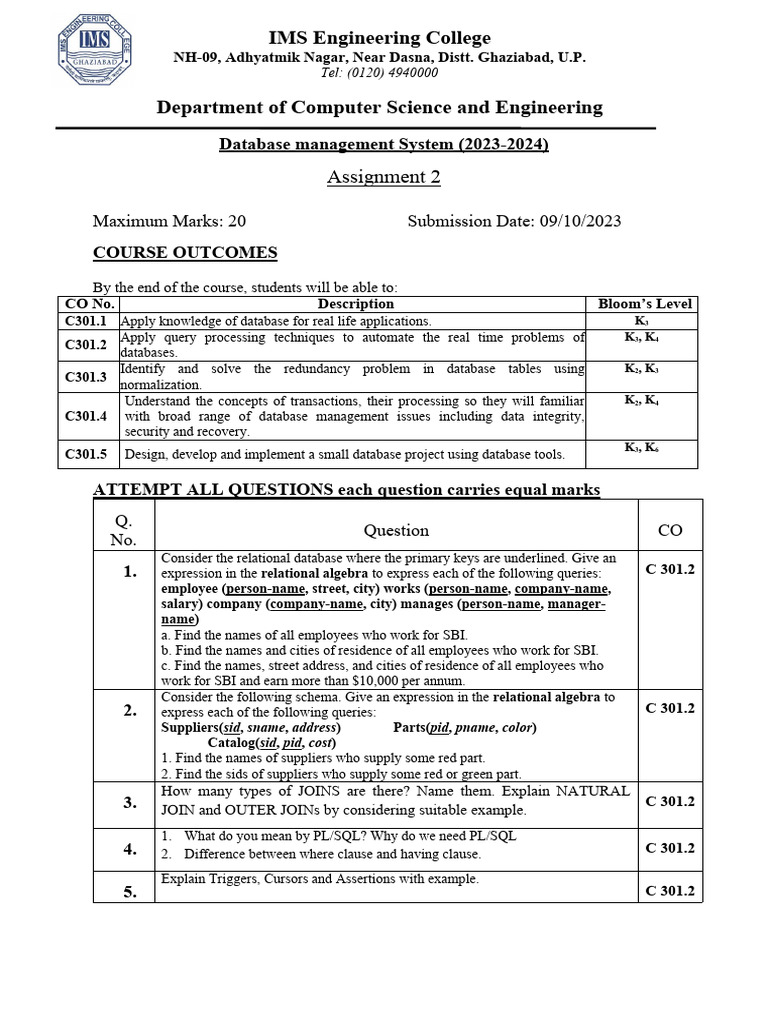 Database Management System Assignment 2 | PDF
