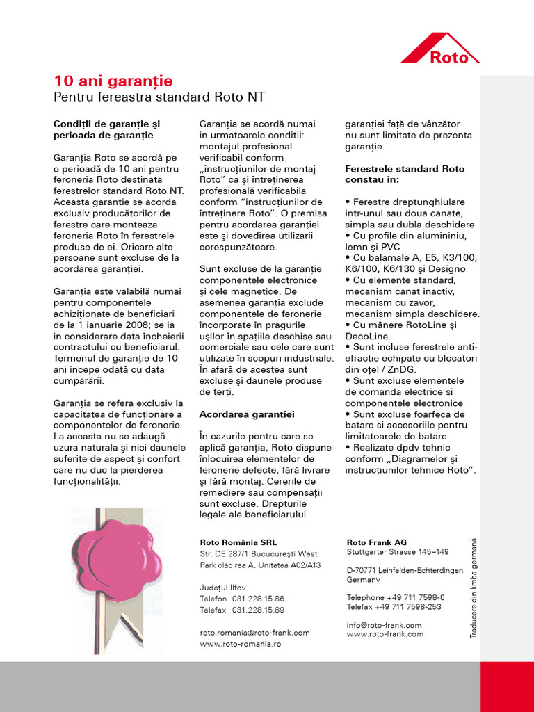 Certificat de Garantie ROTO NT - 10 Ani | PDF