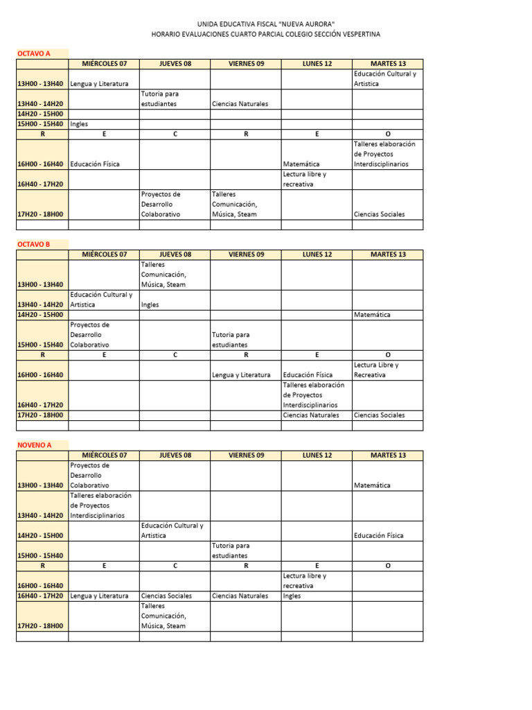 Horario Eval 4P Vespertina | PDF