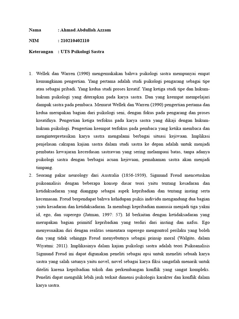 Pengertian Psikologi Sastra Menurut Wellek | PDF