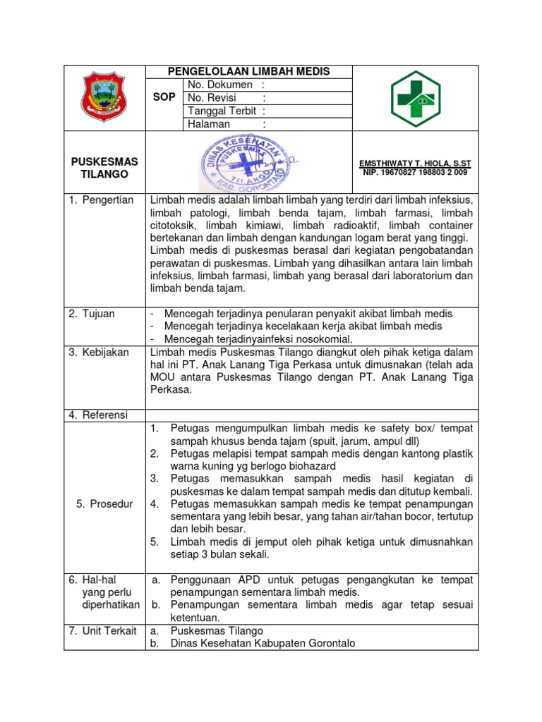 SOP Pengelolaan Limbah Medis Puskesmas Tilango | PDF