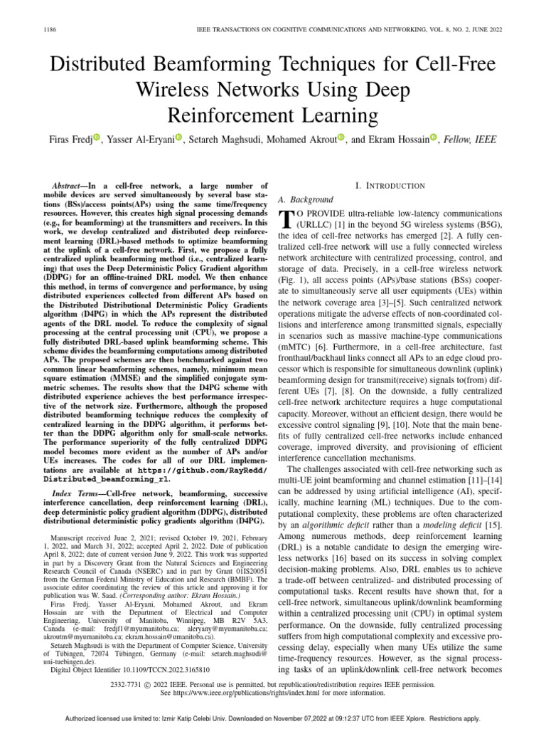 Distributed Beamforming Techniques For Cell-Free Wireless Networks Using Deep Reinforcement ...