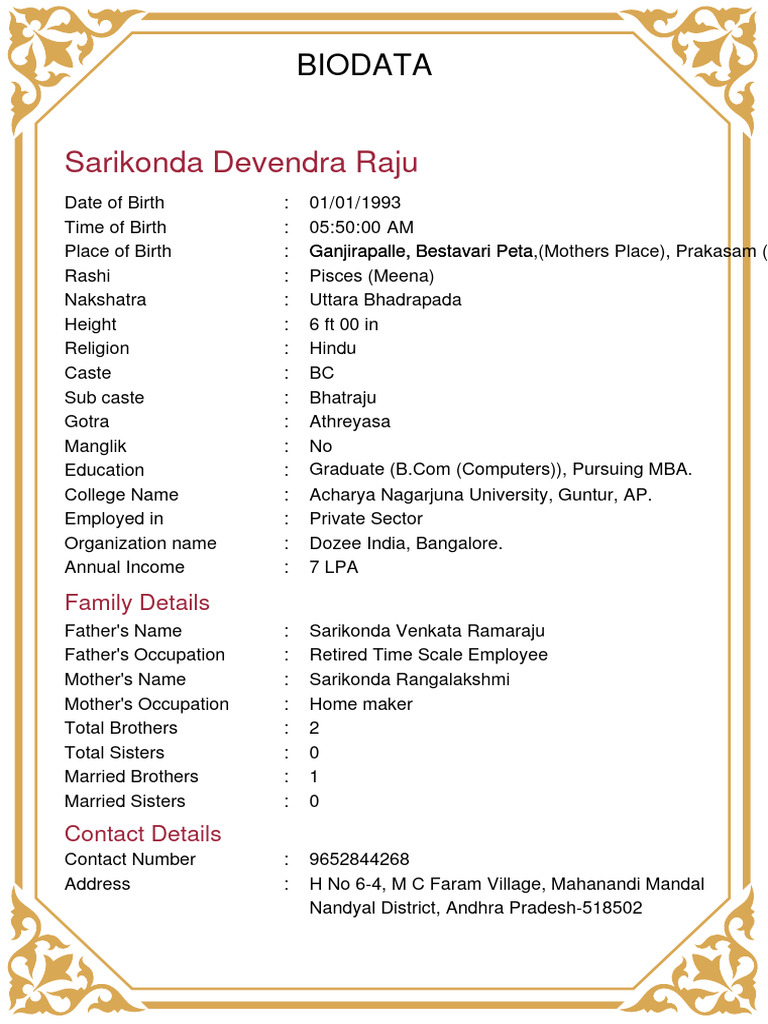 S Devendra Raju Bio-Data | PDF