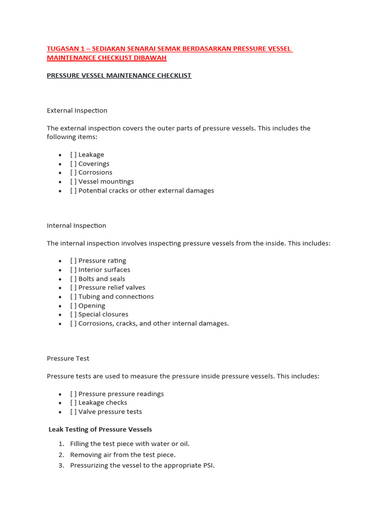 Pressure Vessel Maintenance Checklist | PDF | Leak | Pressure